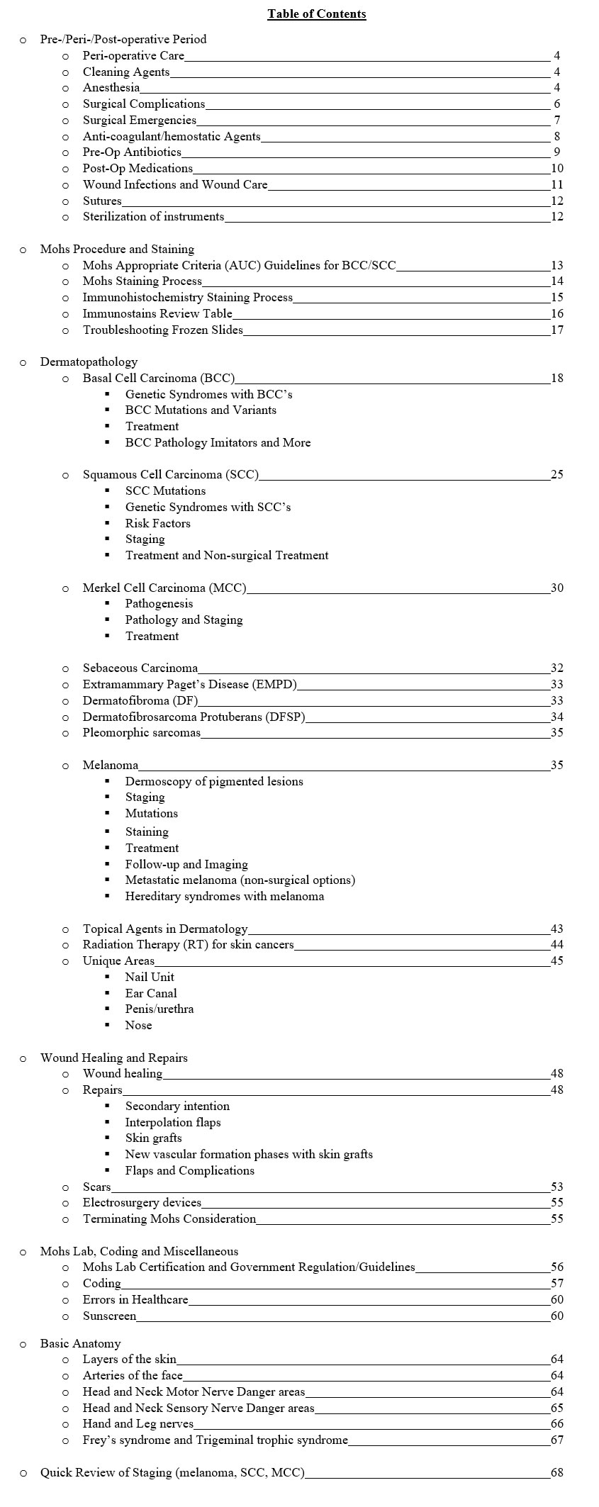 Table of Contents - Mohs Board Study Guide